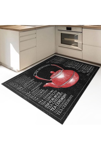 Karnaval Home Karnaval Tea Ceremony Seri Vintage Yazılı Kırmızı Çaydanlık Mutfak Halısı