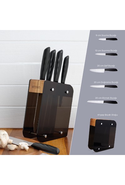 Emsan Kumsal Siyah 6 Parça Standlı Bıçak Seti Emsan Kumsal Siyah 6 Parça Standlı Bıçak Seti