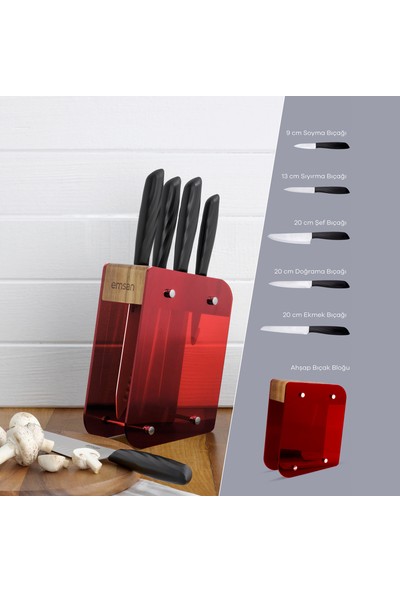 Emsan Kumsal Kırmızı 6 Parça Standlı Bıçak Seti Emsan Kumsal Kırmızı 6 Parça Standlı Bıçak Seti