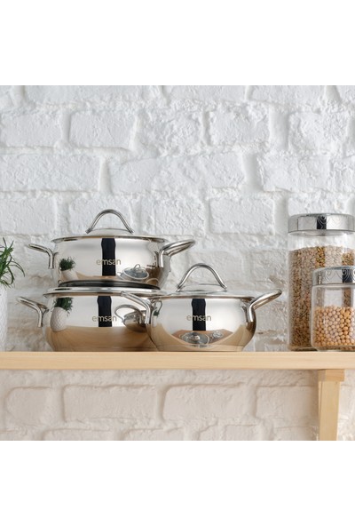 Emsan Cemre İndüksiyon Tabanlı 6 Parça Midi Paslanmaz Çelik Tencere Seti Emsan Cemre İndüksiyon Tabanlı 6 Parça Midi Paslanmaz Çelik Tencere Seti