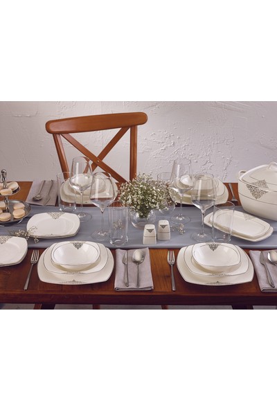 Emsan Yasemin 60 Parça 12 Kişilik Porselen Yemek Takımı Platin