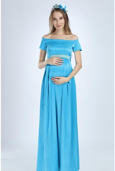 Saten Incili Mavi Hamile Elbise
