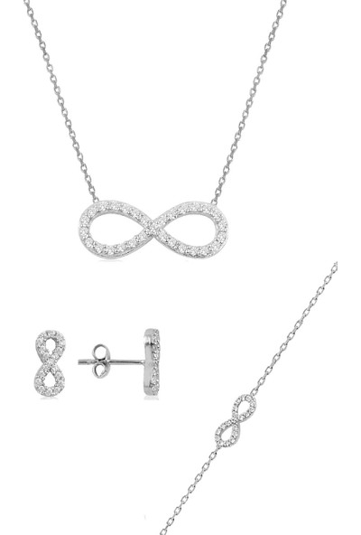 Söğütlü Silver Gümüş Rodyumlu Sonsuzluk Kolye Bileklik ve Küpe Gümüş Üçlü Set
