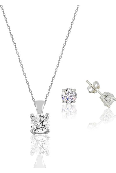 Söğütlü Silver Gümüş Rodyumlu Tek Taş Kolye ve Küpe Gümüş Set