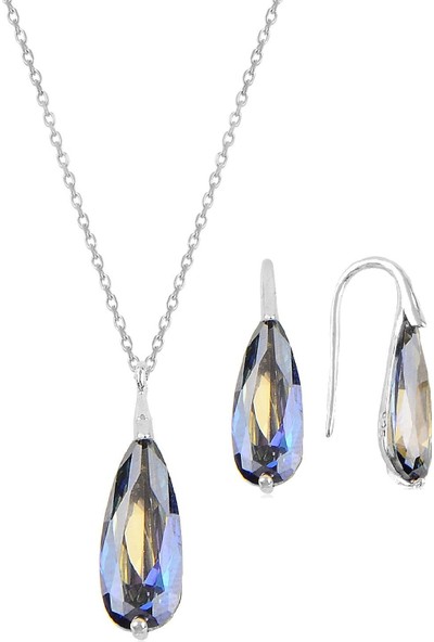 Söğütlü Silver Gümüş Rodyumlu Mavi Mistik Taşlı Damla Kolye ve Küpe Ikili Gümüş Set
