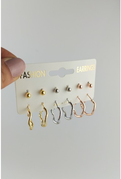 ÇLK Accessories 12'li Çoklu Üç Renk Zikzak Halka Küpe