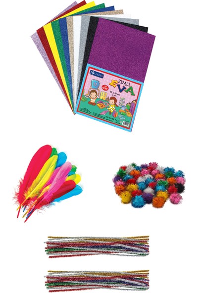 Fly Color Simli Eva 10'lu + 10'lu Tüy + Simli Ponpon Set 50'li + Simli Şönil 30CM 25'li Fly Color Simli Eva 10'lu + 10'lu Tüy + Simli Ponpon Set 50'li + Simli Şönil 30CM 25'li