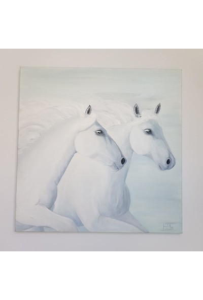 Design Altay El Yapımı Yağlıboya Beyaz Atlar Tablosu