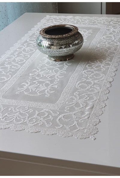 Wenessi Osmanlı Desen Örme Kısa Runner Örtüsü 40 x 90 cm Krem