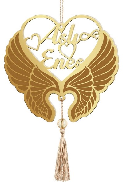 Hediyepostası Çift Taraflı Kişiye Özel Melek Kanadı ve Kalpli Pleksi Araba Dikiz Aynası Süsü