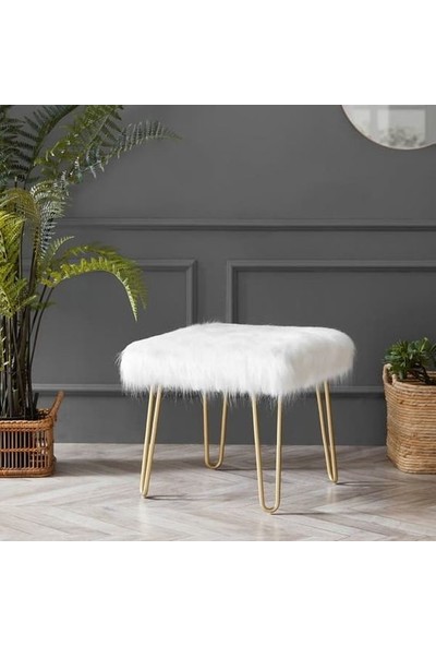 Okkored Metal Gold Ayaklı Beyaz Tüylü Peluş Puf Bench