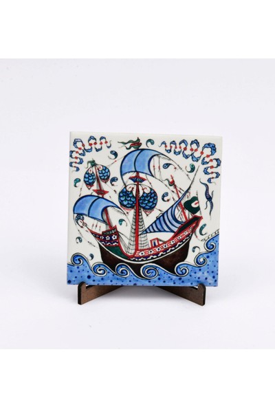 Anadolia Çini Motif Kalyon (Gemi) Desenli Dekoratif Ayaklı Seramik Pano