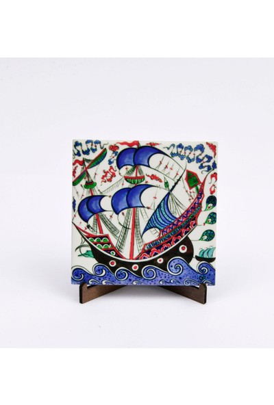 Anadolia Çini Motif Kahverengi Kalyon (Gemi) Desenli Dekoratif Ayaklı Seramik Pano