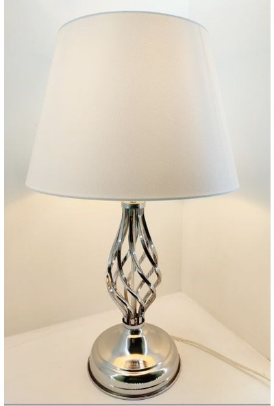 365gunserisonu Gümüş Gri Rustik Burgulu Taşlı Metal Ayaklı 30'luk Beyaz Şapkalı Abajur Masa Lambası