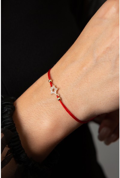 Elika Gold Kadın Taşlı Yıldız Model Kırmızı İpli 14 Ayar Altın Bileklik