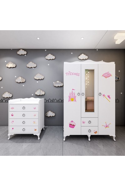 Garaj Home Prenses 3 Kapaklı Dolap ve Şifonyer