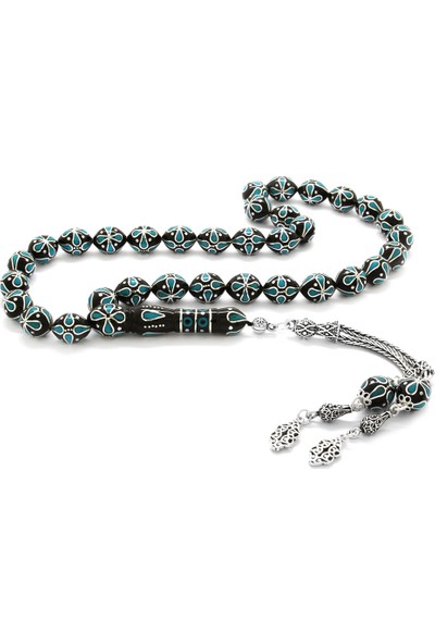 Alis Silver 925 Ayar Gümüş Püsküllü Gümüş-Firuze Işlemeli Erzurum Oltu Taşı Tesbih