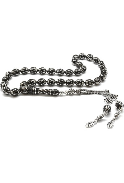 Alis Silver 925 Ayar Gümüş Püsküllü Gümüş Işlemeli Arpa Kesim Erzurum Oltu Taşı Tesbih (M-1)
