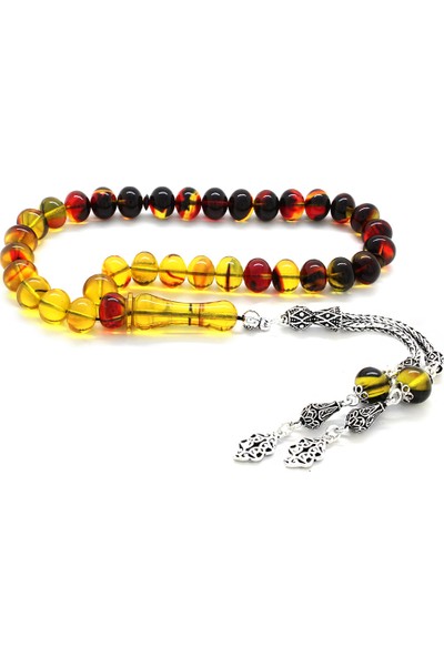 Alis Silver 925 Ayar Gümüş Püsküllü Tekerlek Kesim Süzme Bal Rengi Ateş Kehribar Tesbih