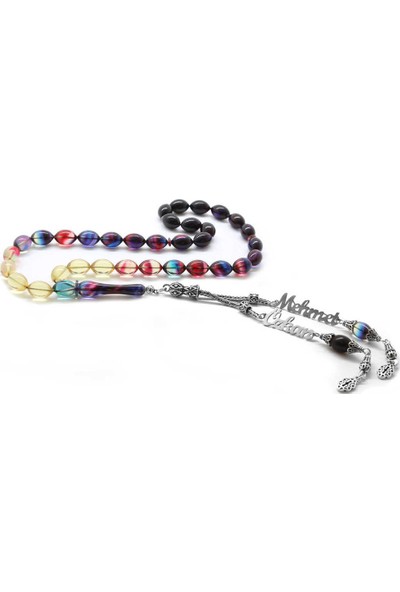 Alis Silver 925 Ayar Gümüş Püsküllü Arpa Kesim Isim Yazılı Bonibon Ateş Kehribar Tesbih