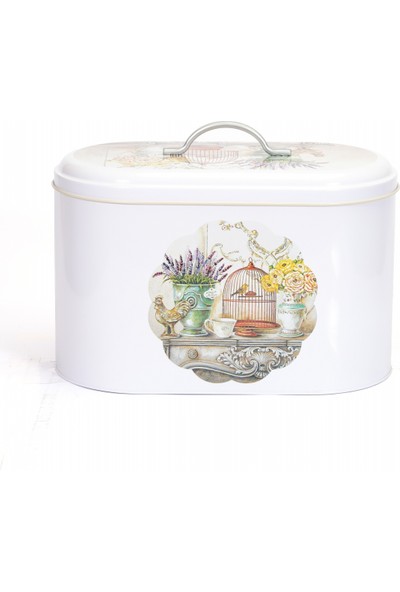Evle Vintage Bird Desenli Metal Ekmek Sepeti 11 lt - Beyaz