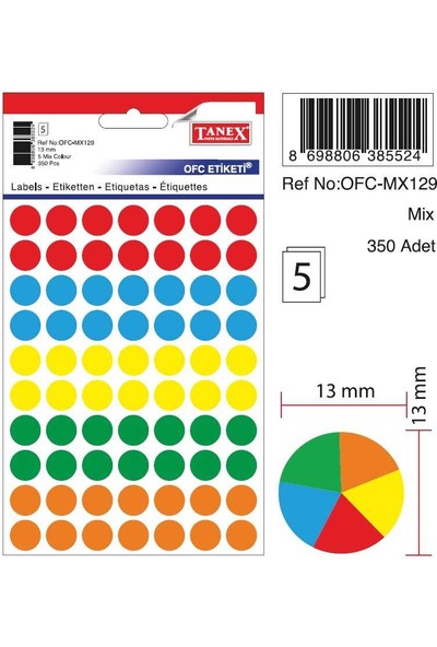 Tanex Nokta Etiket 13MM 5 Renk 350 Etiket
