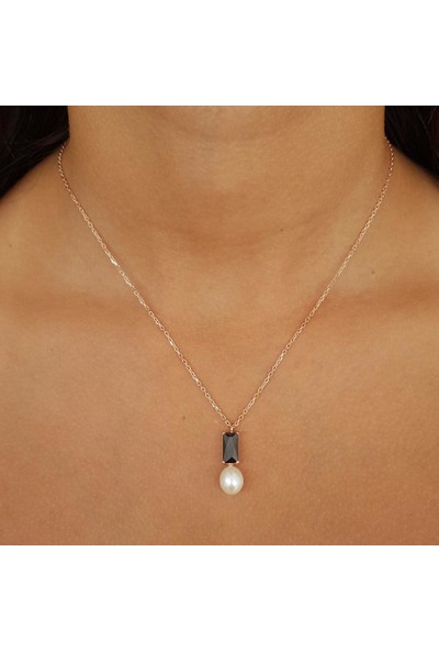 Cng Gümüş Oniks Taşlı Doğal Damla Incili Gümüş Kadın Kolye