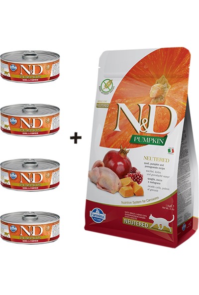 N&d Balkabaklı Bıldırcın ve Narlı Kısırlaştırılmış Kedi Maması 1.5 kg + 4 Adet N&d Konserve 85 gr N&d Balkabaklı Bıldırcın ve Narlı Kısırlaştırılmış Kedi Maması 1.5 kg + 4 Adet N&d Konserve 85 gr