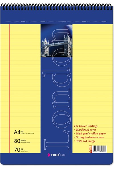 London A4 Çizgili Spiralli Sarı 80 yp. Bloknot