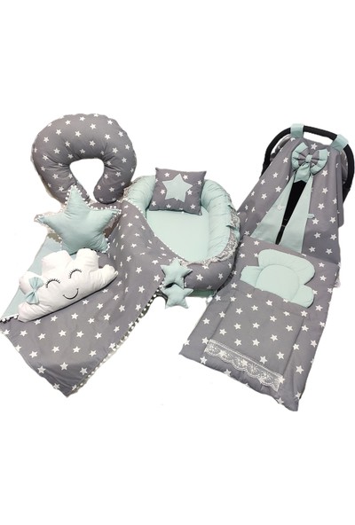 Bebek Atölyesi i Babynest 8 Parça Set Nil Yeşili Gri Yıldız Desen