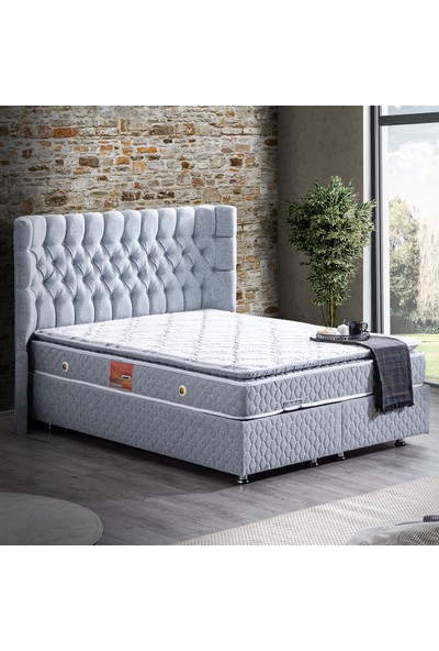 Setay Napoli Çift Kişilik Baza Başlık Real Pedli Yatak Seti, Keten Gri