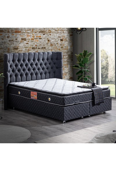 Setay Napoli Çift Kişilik Baza Başlık Real Pedli Yatak Seti, Keten Antrasit