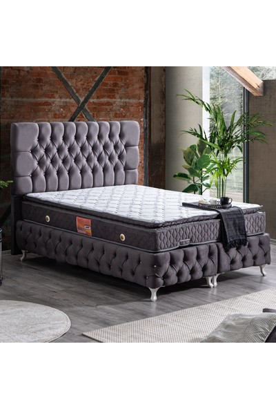 Setay Roma Çift Kişilik Baza Başlık Real Pedli Yatak Seti Antrasit