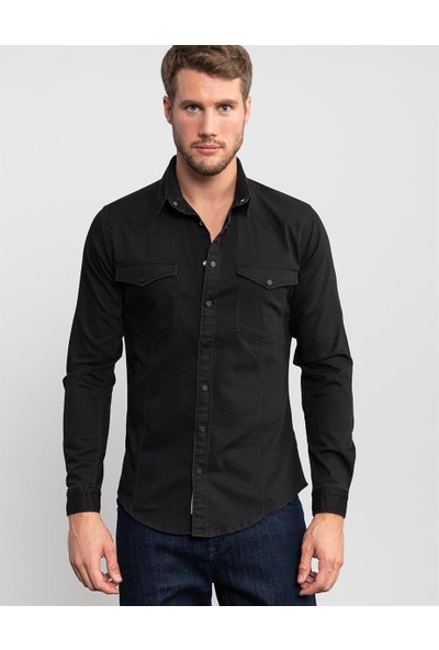 Tudors Slim Fit %100 Pamuk Çift Cepli Siyah Denim Gömlek Tudors Slim Fit %100 Pamuk Çift Cepli Siyah Denim Gömlek