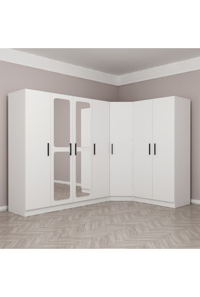 Minar Kale 7 Kapaklı Aynalı 2Ç Köşe Dolap - Beyaz