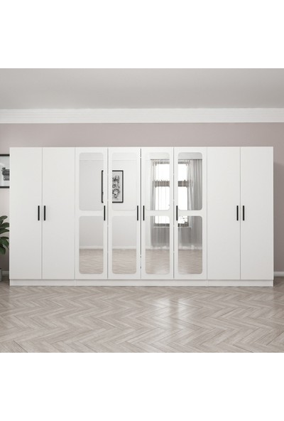 Minar Kale 8 Kapak Aynalı 2 Çekmece Zincir Dolap - Beyaz