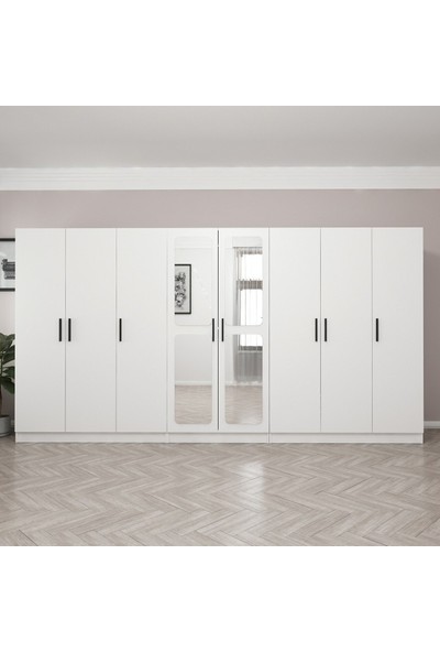 Minar Kale 8 Kapak Aynalı 4 Çekmece Zincir Dolap - Beyaz