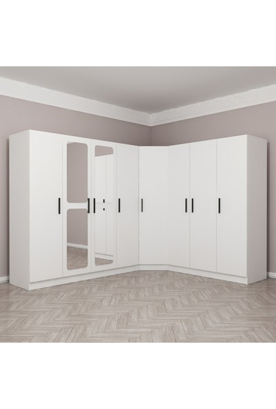 Minar Kale 8 Kapaklı Aynalı 4Ç Köşe Dolap - Beyaz