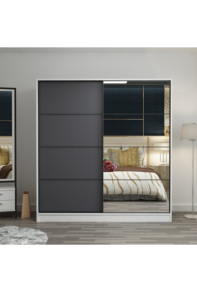 Minar Kale 2 Kapaklı Aynalı Sürgülü Dolap 180 Cm - Beyaz/ Antrasit