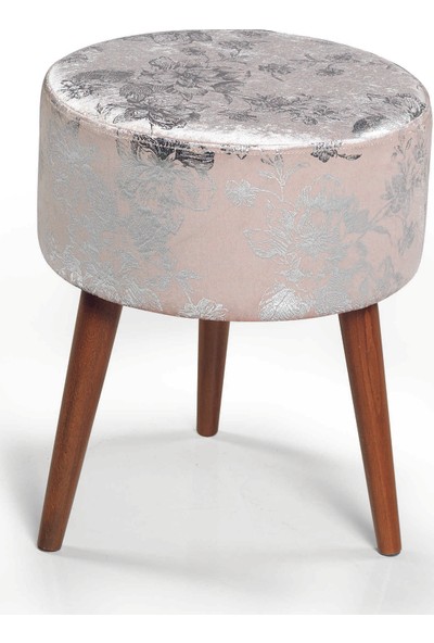 Homedora Elise Parlak Çiçekli Ahşap Ayaklı Krem Puf