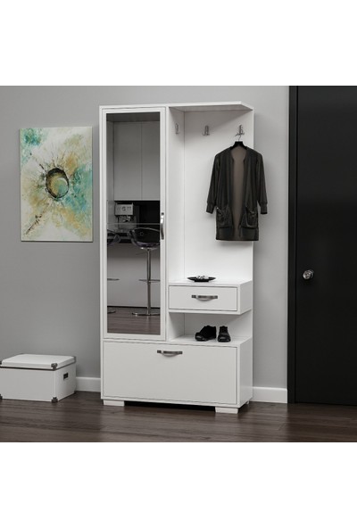 Minar Alda Modern Aynalı Portmanto Beyaz