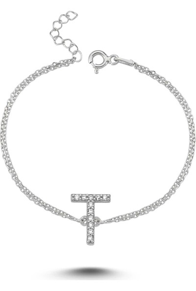 Bulvardi Harfli Gümüş Bileklik Taşlı - T Harfi - Standart Bulvardi Harfli Gümüş Bileklik Taşlı - T Harfi - Standart