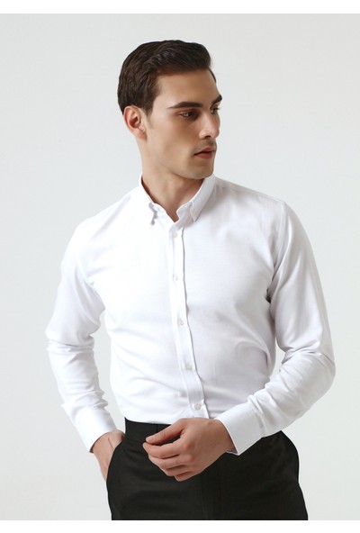 D's Damat Slim Fit Beyaz Armürlü Gömlek