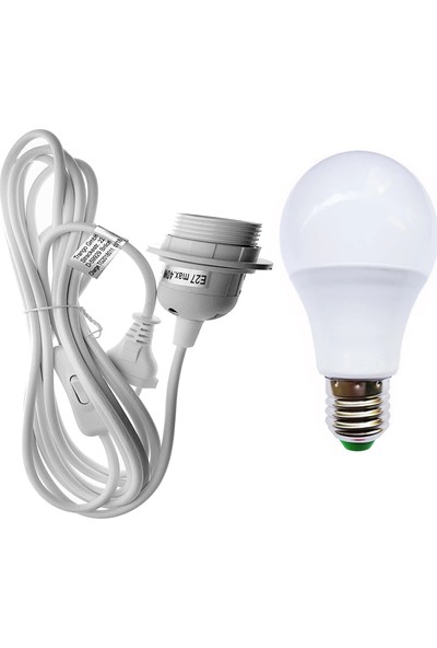 Örgün E27 Yarım Dişli Aç Kapa Anahtarlı 2 Metre Kablolu Duy Fiş + 10W A60 LED Ampul E27 Günışğı Örgün E27 Yarım Dişli Aç Kapa Anahtarlı 2 Metre Kablolu Duy Fiş + 10W A60 LED Ampul E27 Günışğı