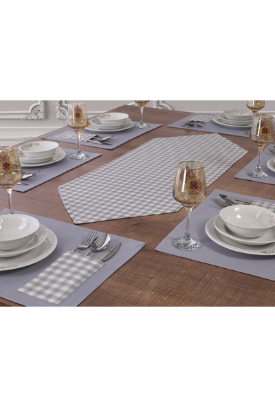 Tropik Home Tropikhome Moena Amerikan Servis Supla ve Runner Seti 6 Kişilik Gri Ekose Desen Set
