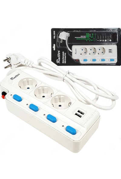 Rutter FRA-105U Akım Korumalı Priz 2 USB Girişli 1,5m Kablo