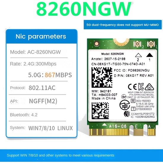 Hermoso Intel Ac 8260 Için 8260 8260NGW Wifi Kartı 2.4g/5ghz Fiyatı