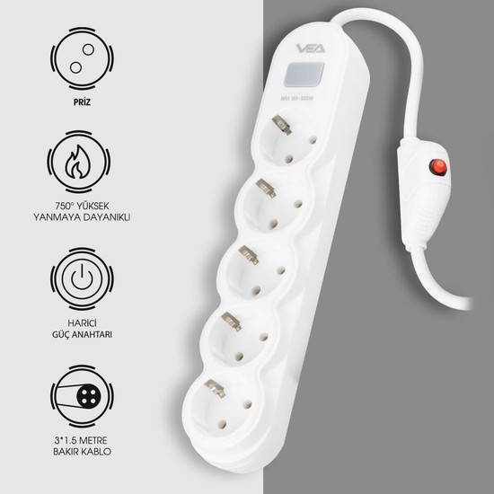 Techmore Vea TC-21569 5'li 1.5 Metre Kablolu Anahtarlı Beyaz Fiyatı