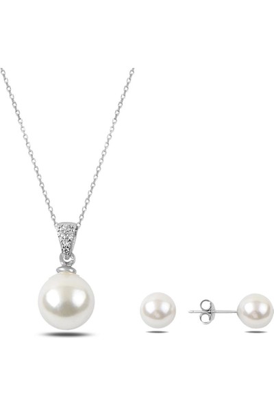 Zuk Collection İnci Taşlı Gümüş Kolye ve Küpe