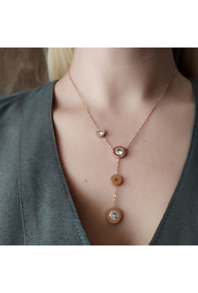 Zaradise Accessories Taşlı Donut Uçlu Rose Renkli Çelik Kolye